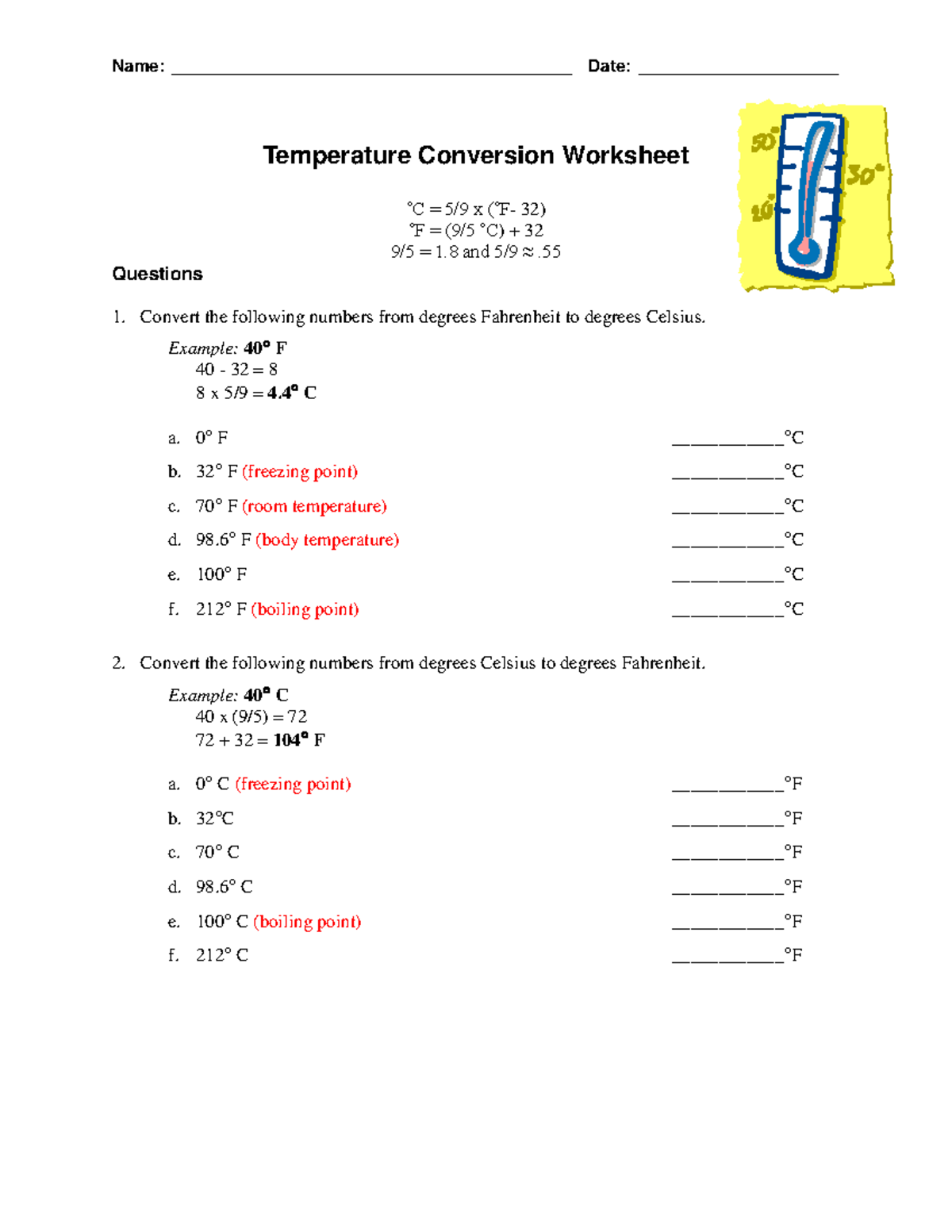 Temperature Conversion Worksheet Answer