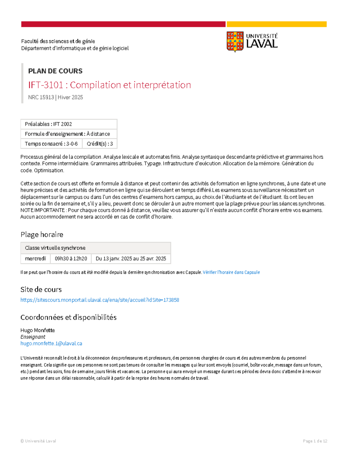 IFT-3101 H25 15913 - Plan de Cours sur la Compilation et Interprétation - Studocu