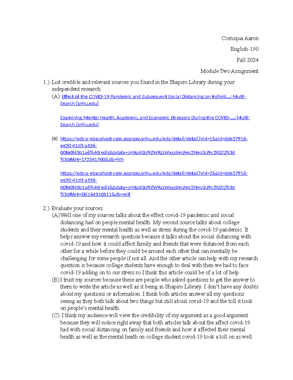 Module 2 Journal: Credible Sources from Shapiro Library on COVID-19 ...