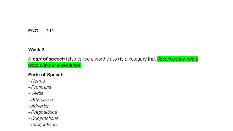 ENGL 111 Prelims Reviewer: Parts of Speech and Verb Tenses - Studocu