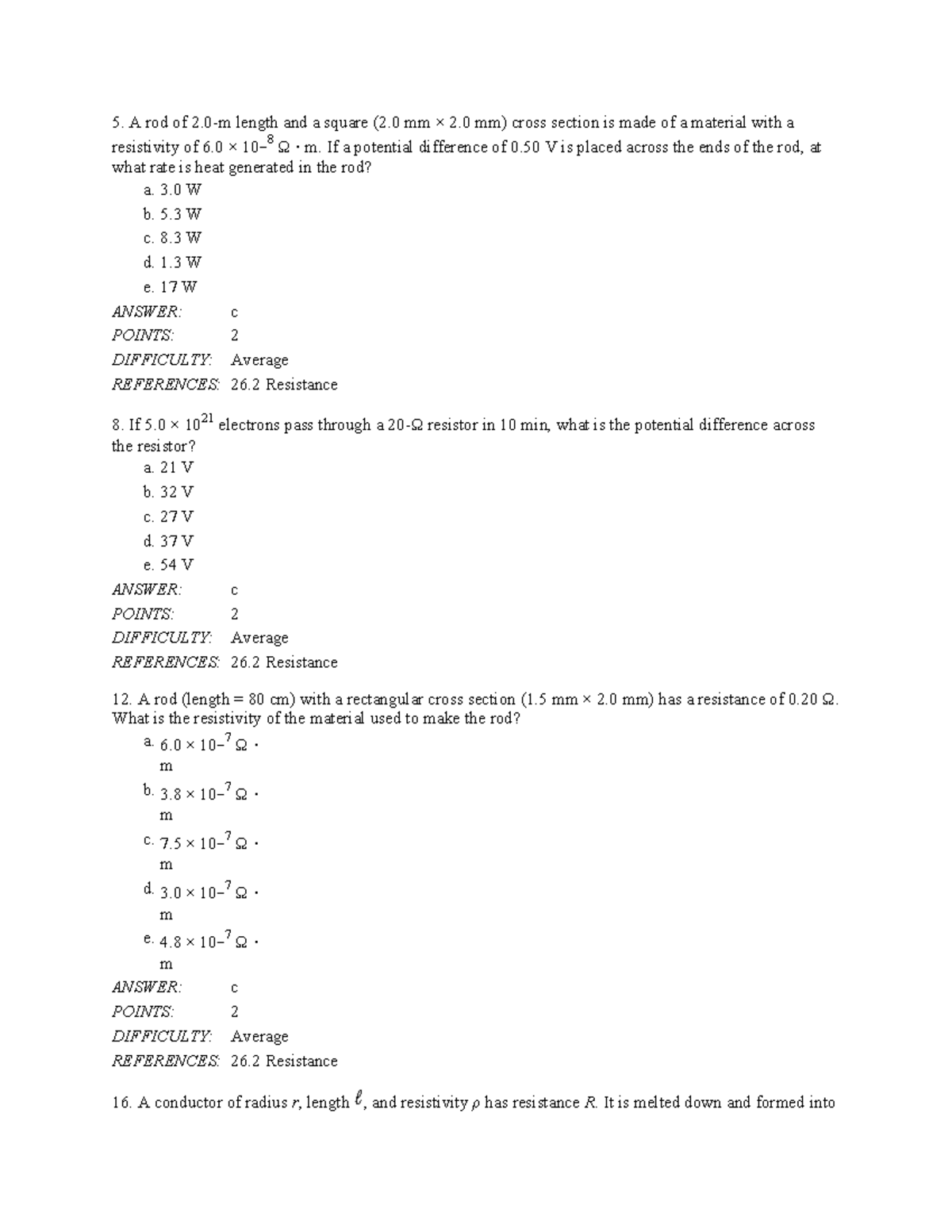 MCQs for Ch 26: Current and Resistance (Physics 101) - Studocu