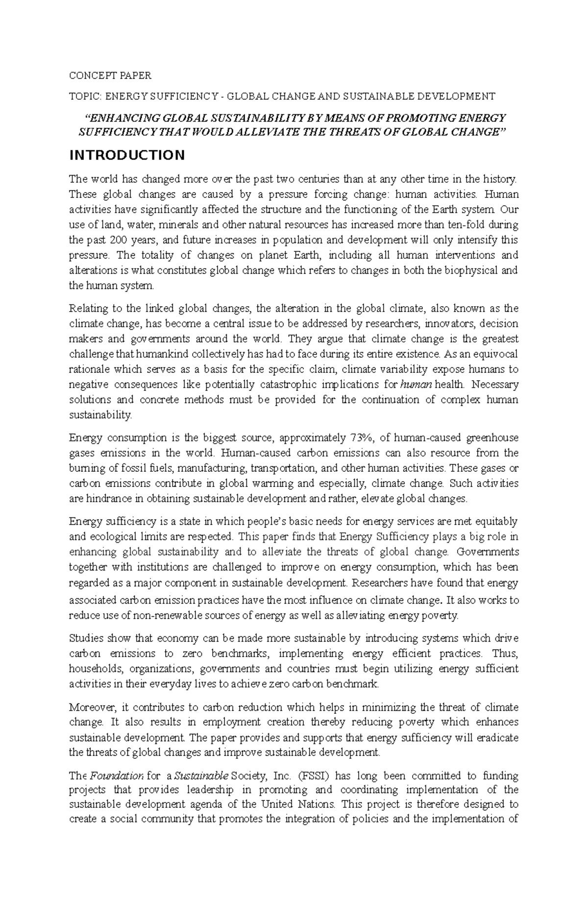 Concept- Paper - CONCEPT PAPER TOPIC: ENERGY SUFFICIENCY - GLOBAL ...