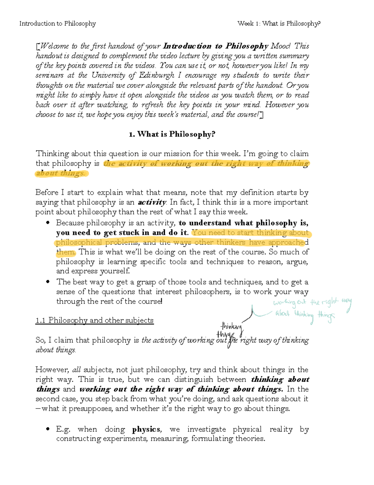 Introduction to Philosophy MOOC: Week 1 Handout Summary - Studocu