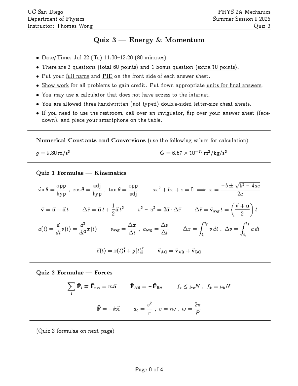 UCSD PHYS 2A Summer 2025 Quiz 3: Energy & Momentum Notes - Studocu