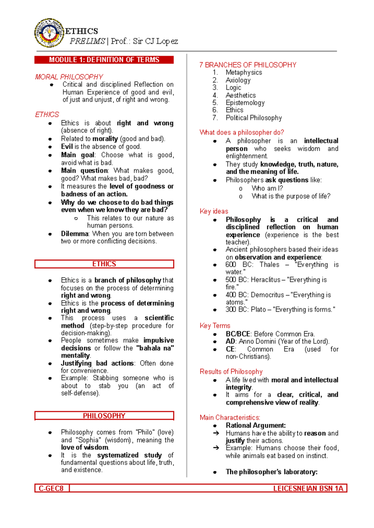 Ethics MOD 1 & 2 - PRELIMS | Prof.: Sir CJ Lopez MODULE 1: DEFINITION OF TERMS MORAL PHILOSOPHY ...