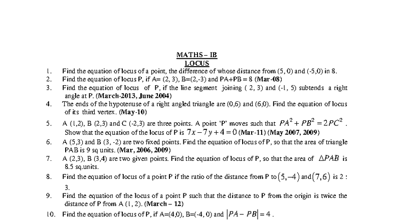 Maths IB Midterm PYQ: Locus and Transformation of Axes - Studocu
