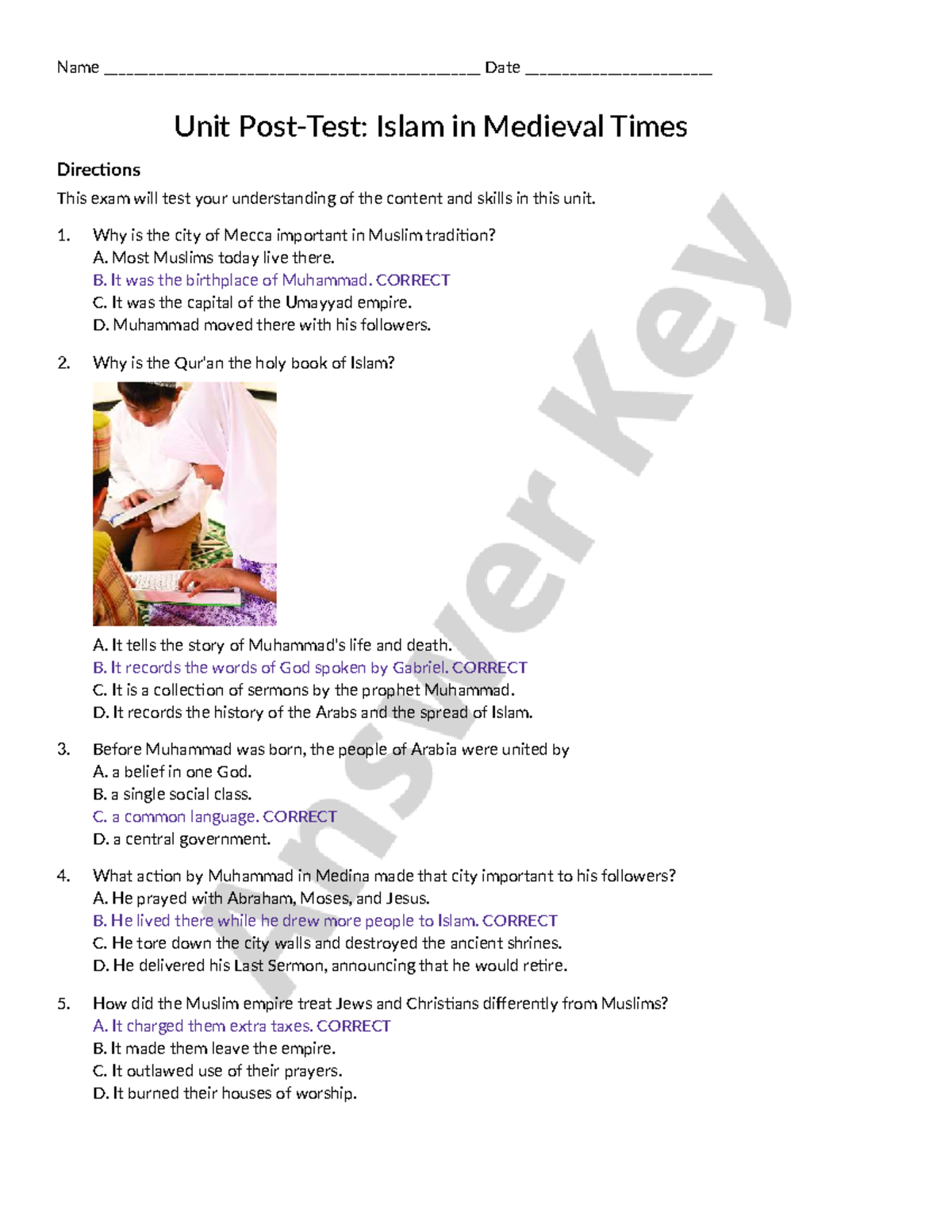 Assessment 262695: Unit Post Test on Islam in Medieval Times Answer Key ...