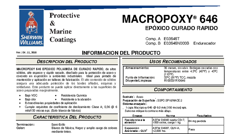 E03646 Macropoxy 646: Hoja Técnica de Recubrimientos Marinos - Studocu