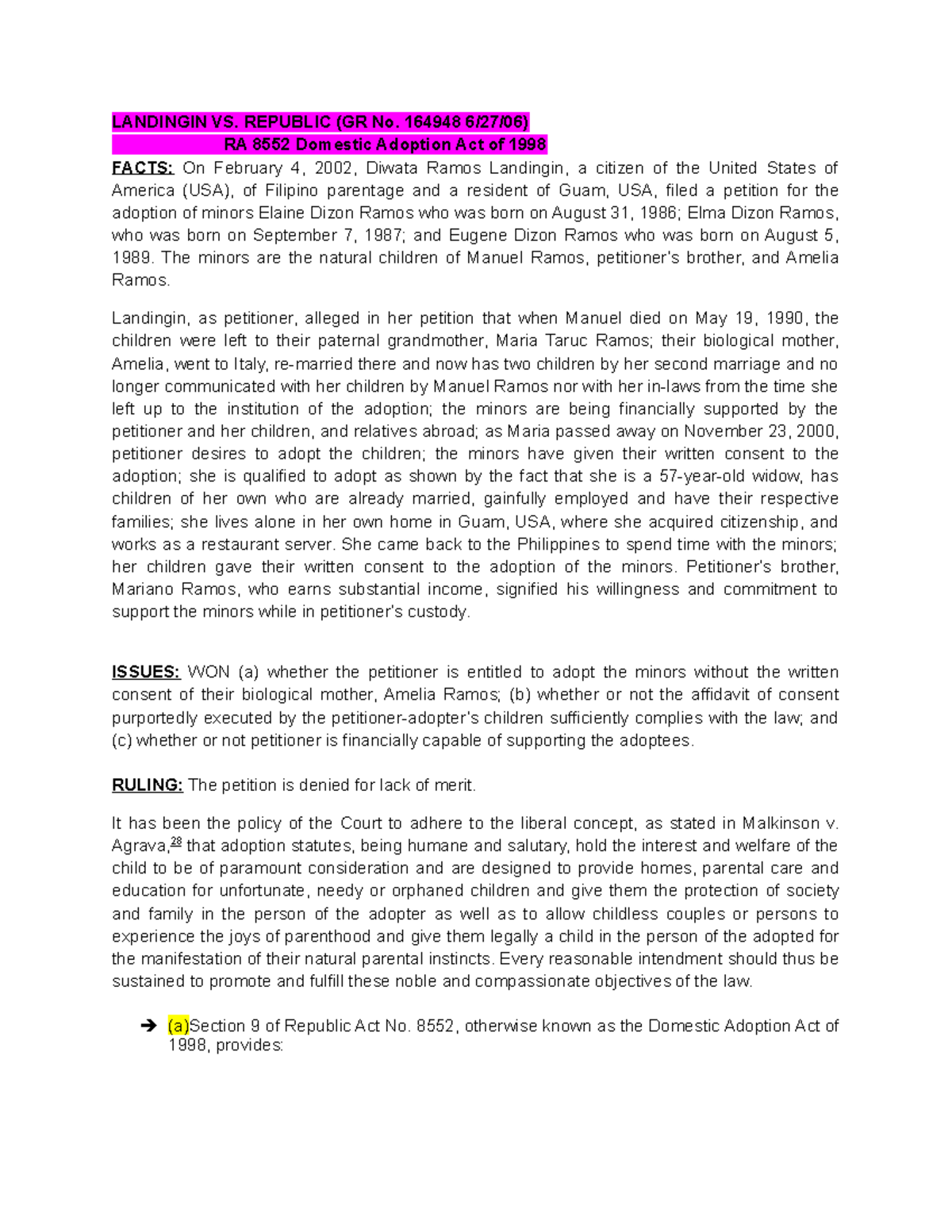Adoption Cases Review: Insights on RA 8552 & Key Legal Issues - Studocu