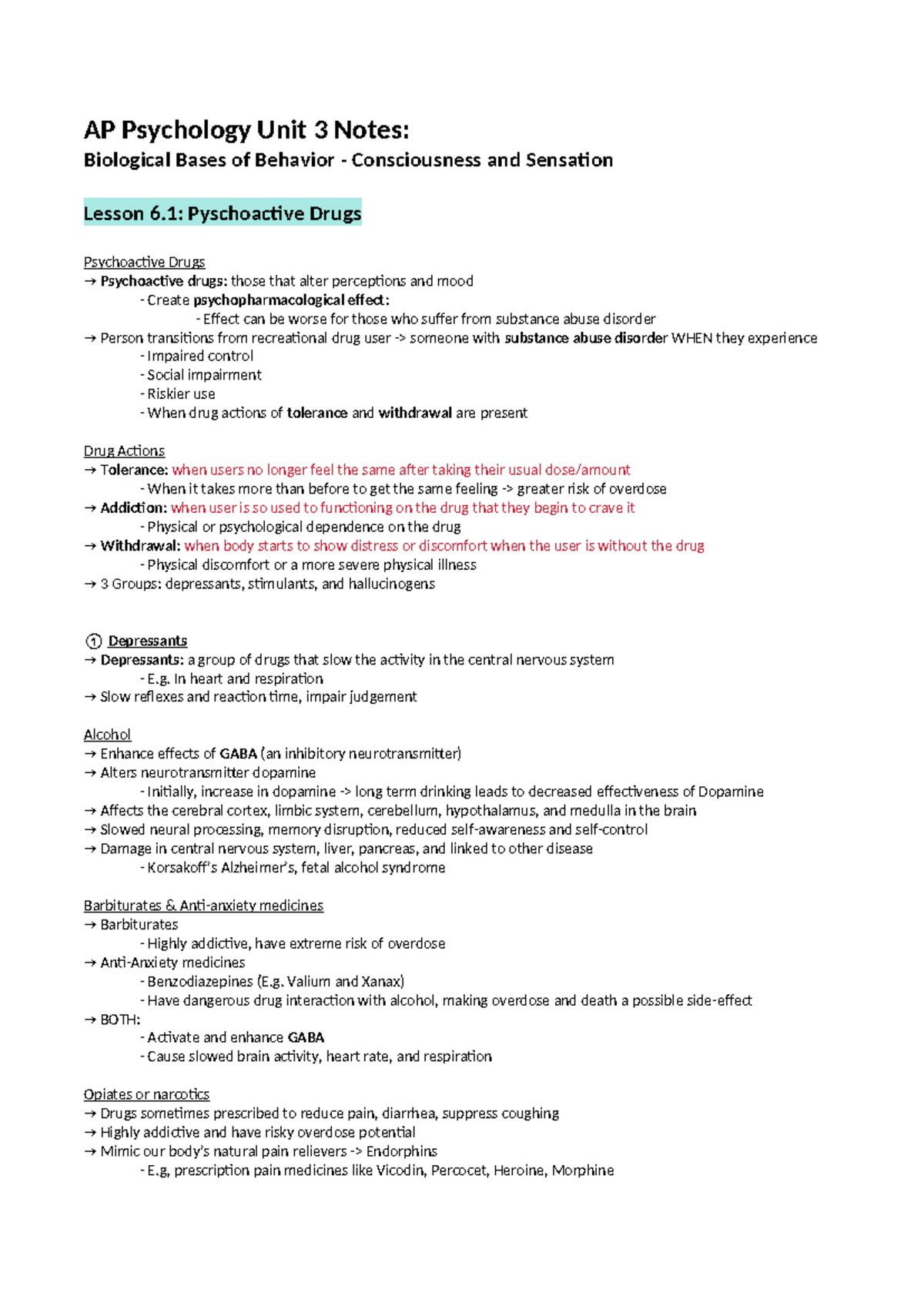 AP Psychology Unit 3: Biological Bases of Behavior & Psychoactive Drugs ...