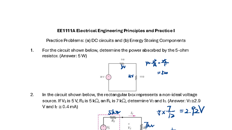 EE1111A-Practice-Problems - EE1111A Electrical Engineering Principles ...