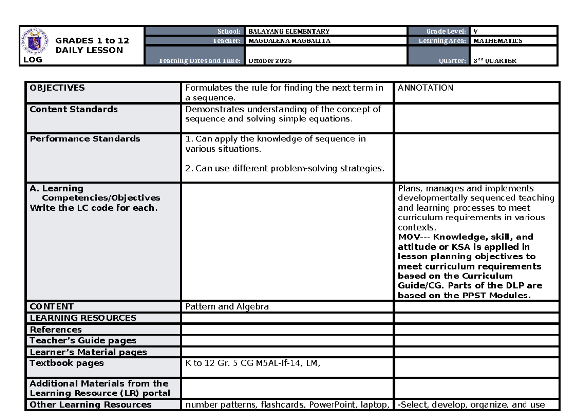 COT Lesson Plan: Mathematics Grade 5 - 3rd Quarter Sequence & Patterns ...
