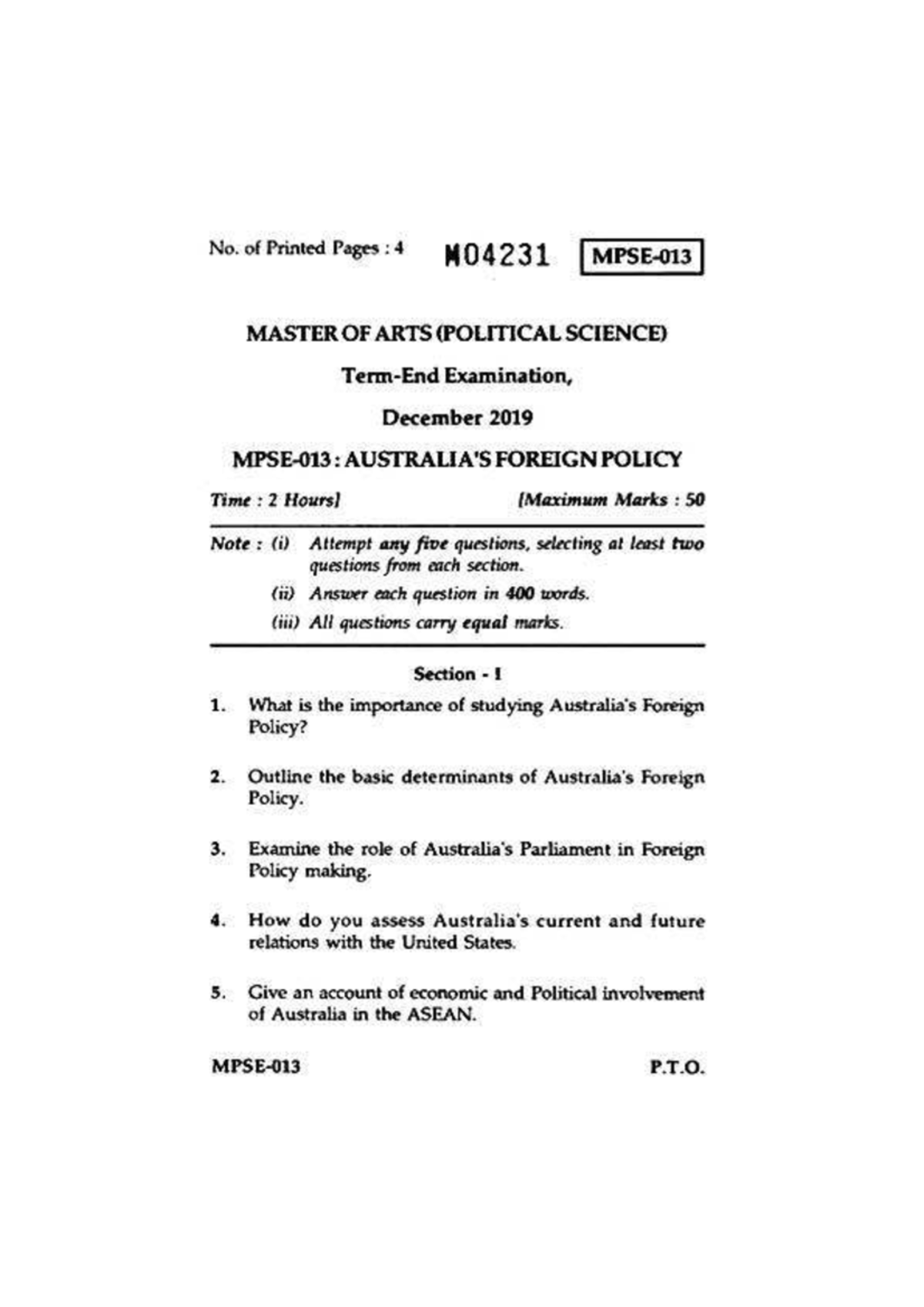 M04231 MA Political Science Dec 2019 Exam: Foreign Policy Questions ...