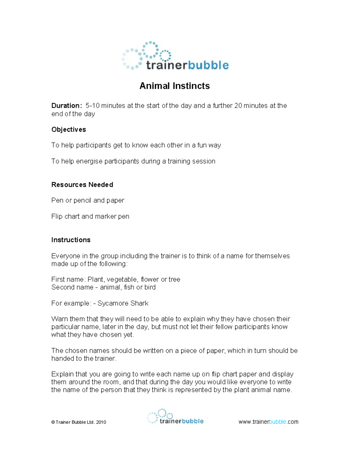 Animal Instincts Icebreaker Activity for Team Building - Studocu