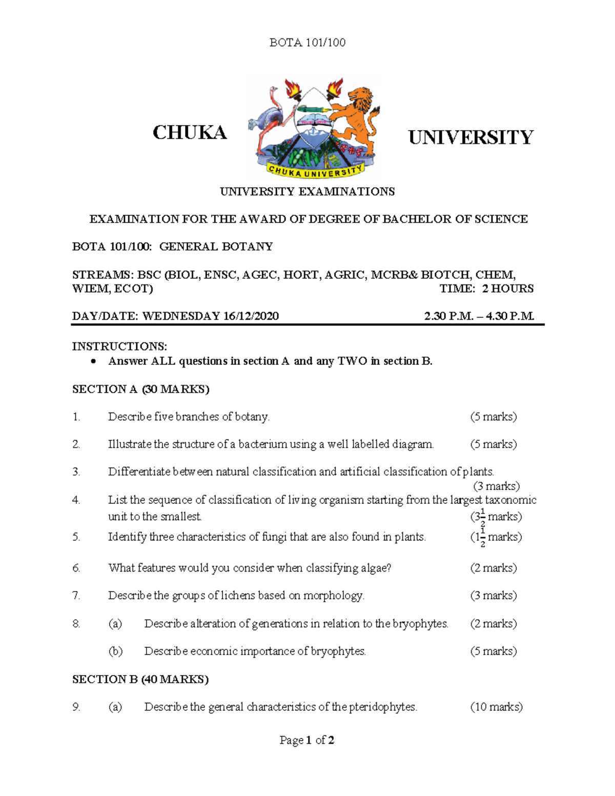 BOTA 101/100 - General Botany Exam Notes and Key Concepts - Studocu