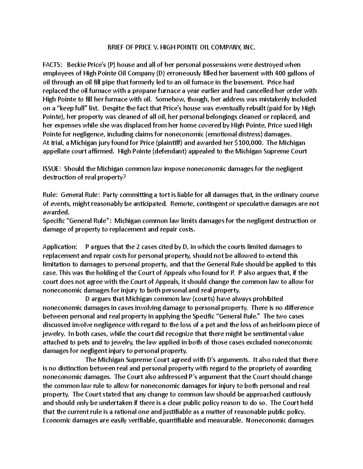 CSUN BL280 Case Brief: Price v. High Pointe Oil Company Analysis - Studocu