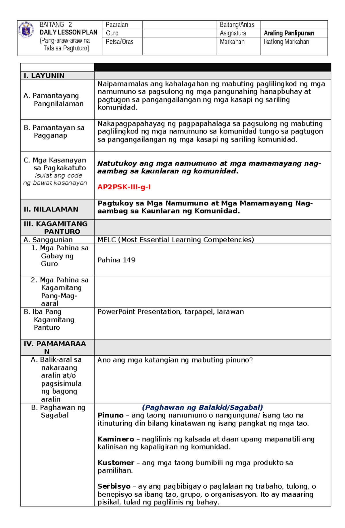 Araling Panlipunan Lesson Plan for Grade 2 - Ikatlong Markahan - Studocu