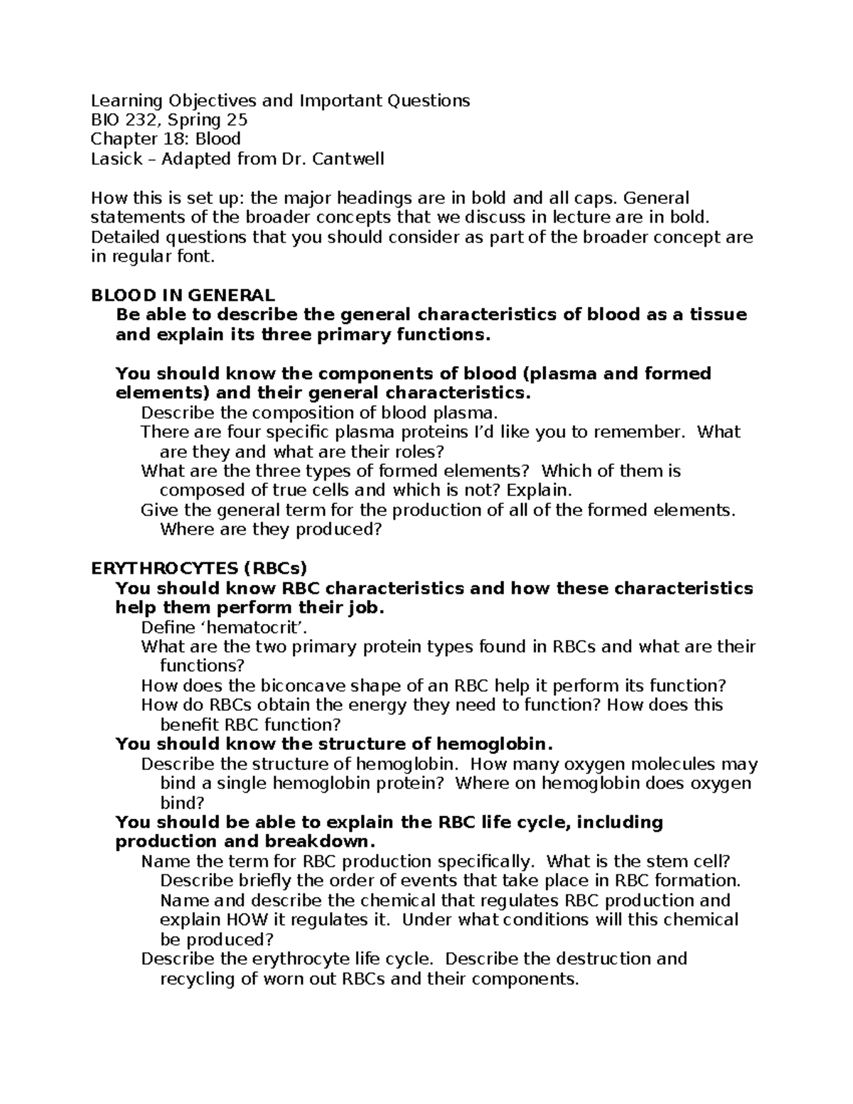 Learning Objectives and Key Concepts for BIO 232 Blood Chapter ...