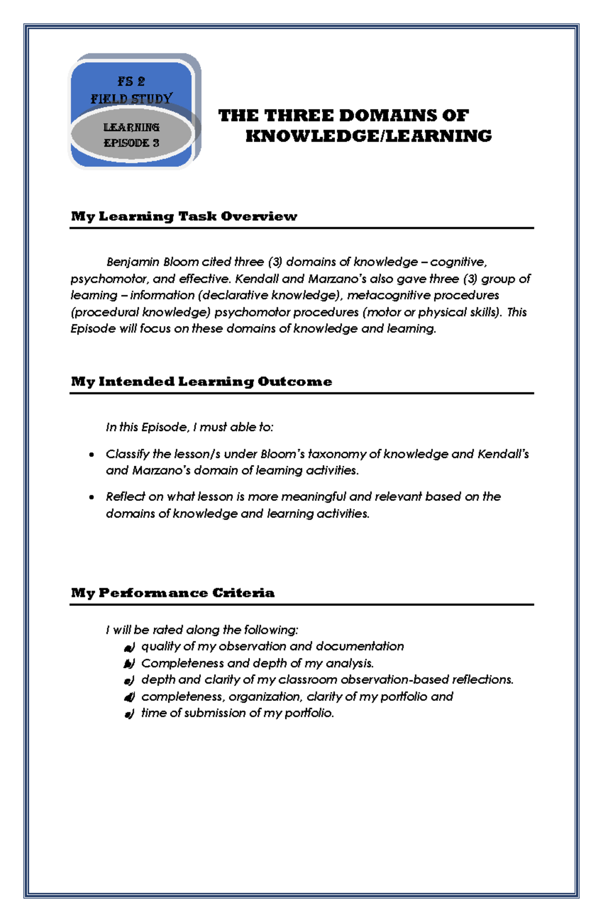 FS 2 Ep 3 - Exploring Knowledge Domains in Learning Activities - Studocu