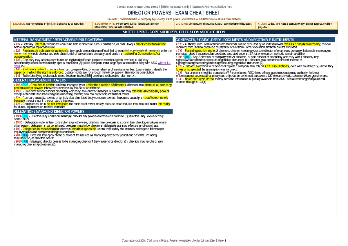 Director Powers Exam Cheat Sheet: Key Rules & Governance (CORP101 ...