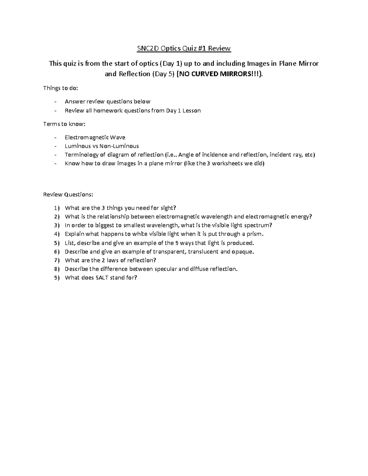 SNC2D Optics Quiz #1 Review: Reflection & Plane Mirrors Concepts - Studocu