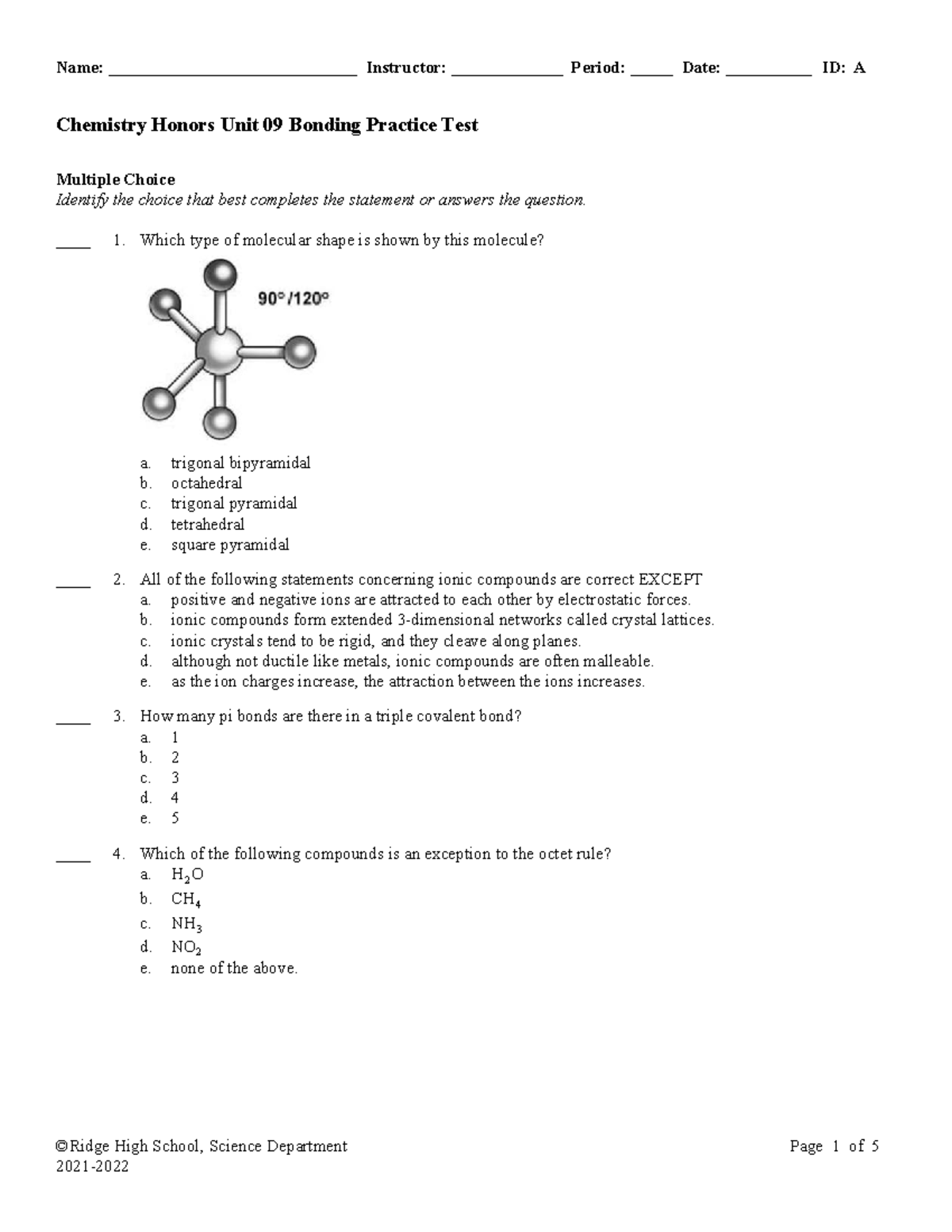 Unit 09H Chemistry Honors Bonding Practice Test - Studocu