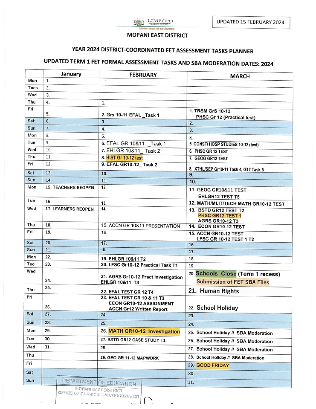 Updated 2024 FET Assessment and Moderation Planner 2024 - LIMPOPO ...
