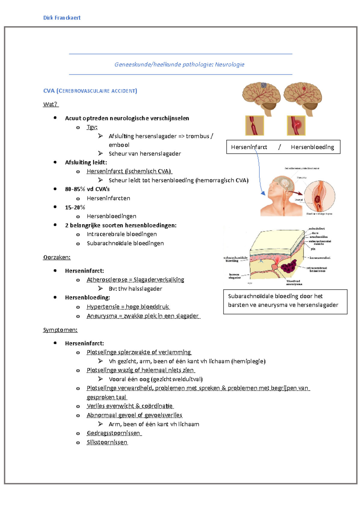 Samenvatting pathologie Neurologie - Geneeskunde/heelkunde pathologie: Neurologie CVA - Studocu