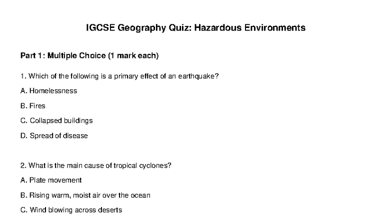 IGCSE Geography Quiz: Hazardous Environments MCQ & Short Answer - Studocu