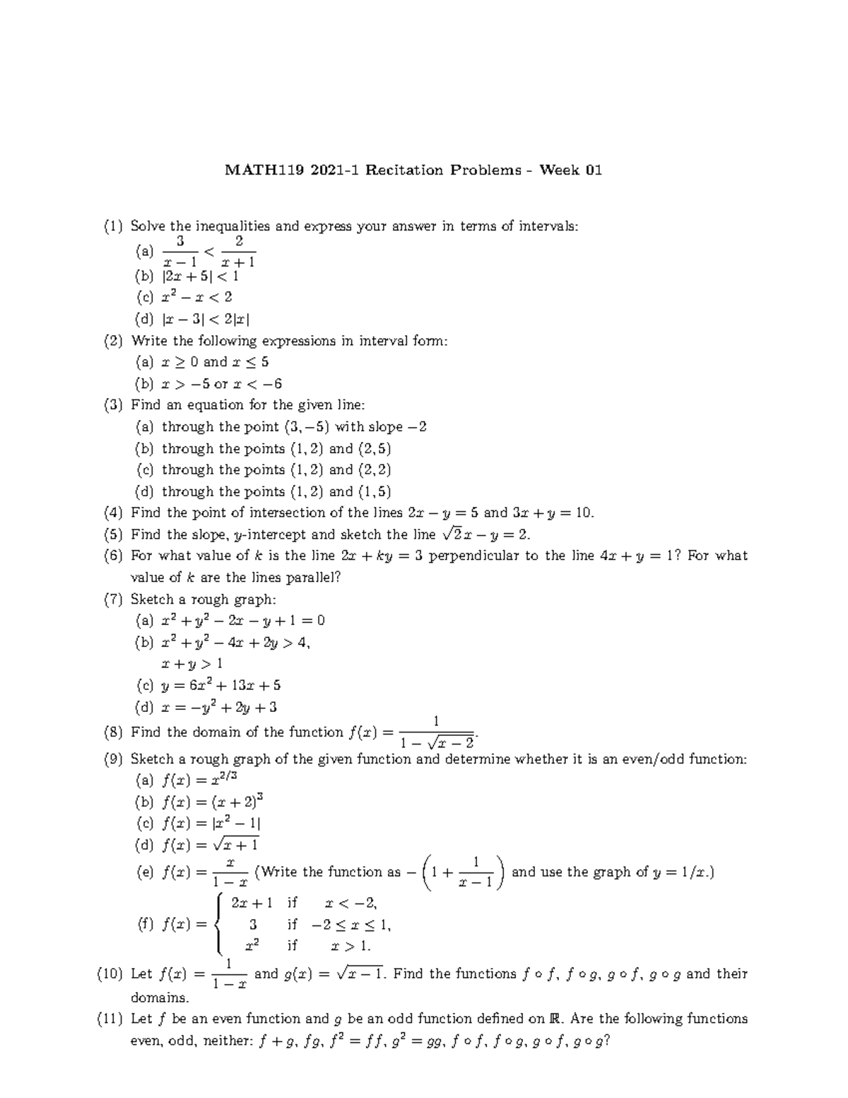MATH119 2021-1 Recitation Problems - Week 01 - (5) Find the slope, y-intercept and sketch the ...