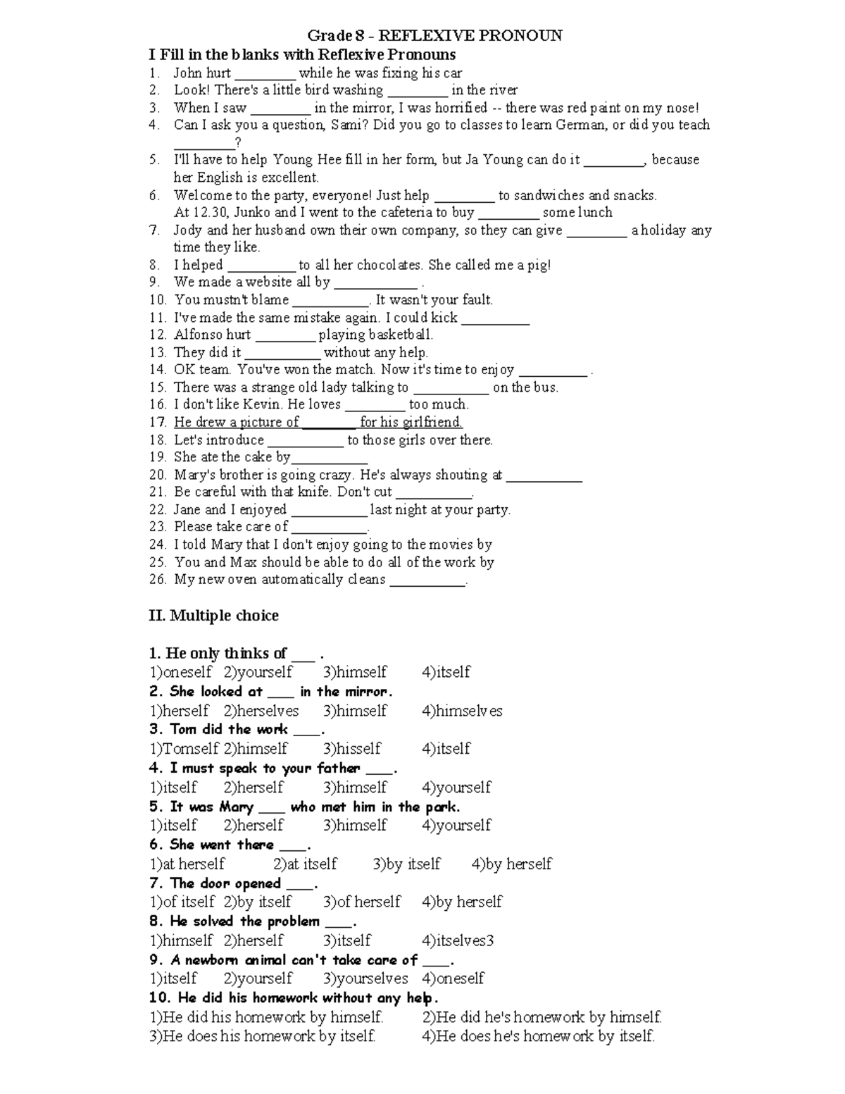 Grade 8 Reflexive Pronoun Exercises - Tiếng Anh Chuyên Ngành - Studocu