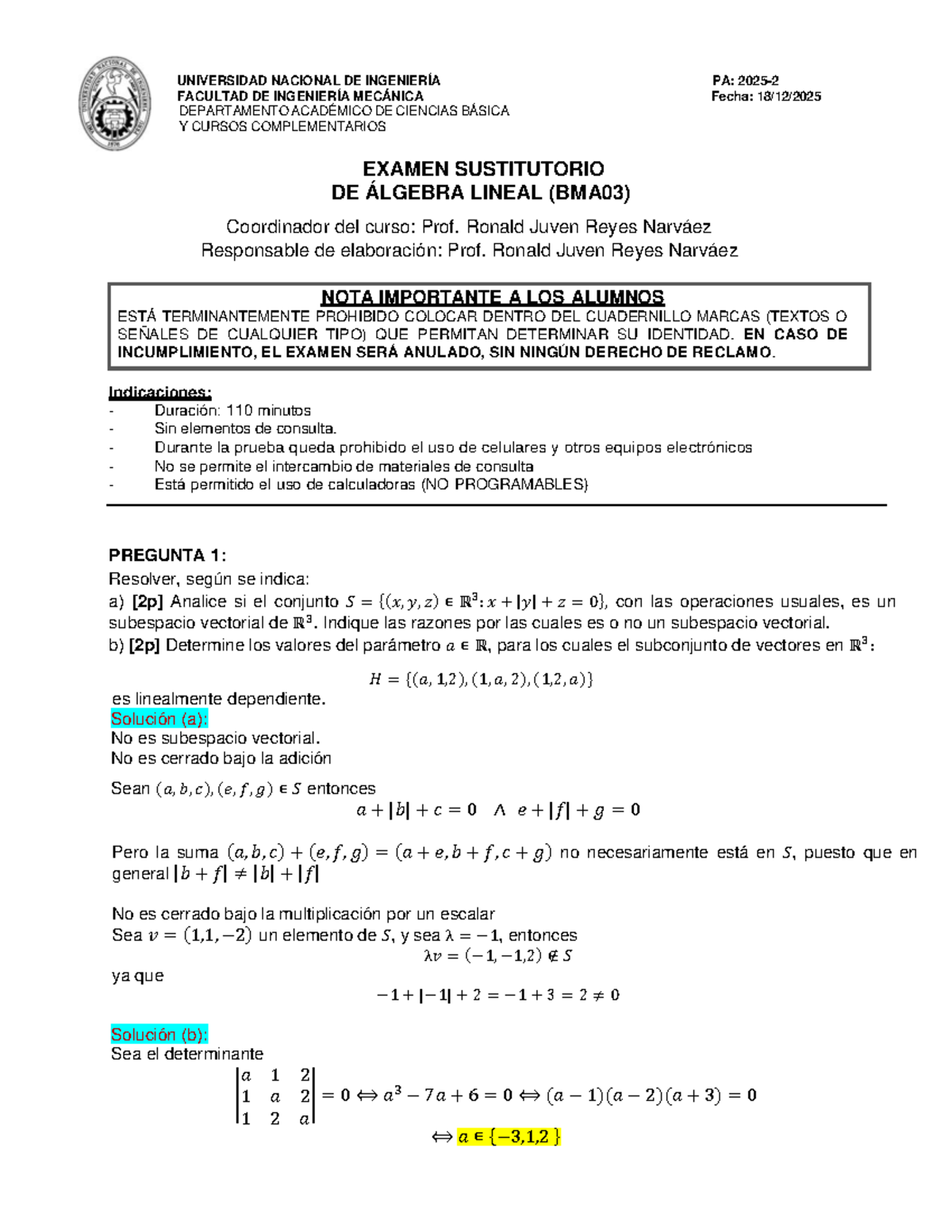 BMA03 - Examen Sustitutorio de Álgebra Lineal: Soluciones 2025 - Studocu