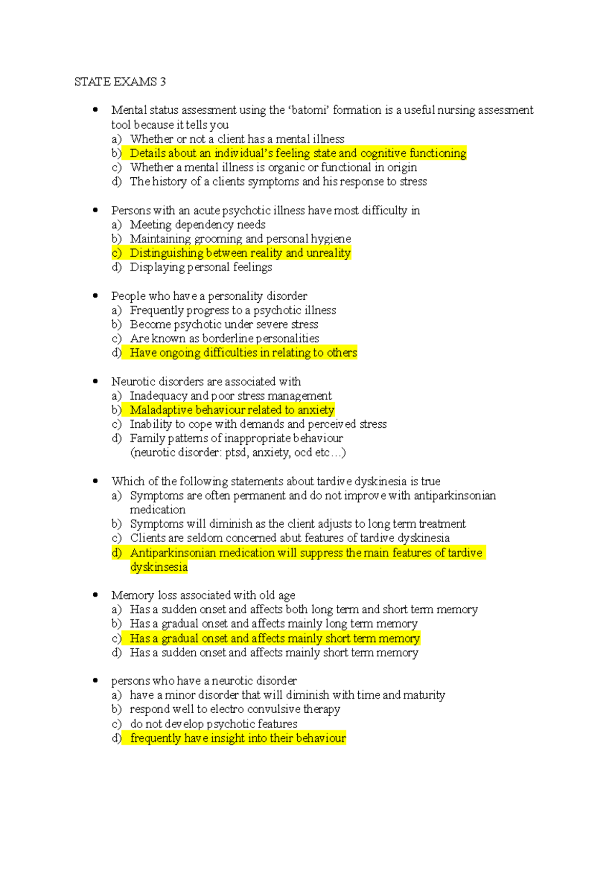 State Exams 3 completed - STATE EXAMS 3 Mental status assessment using ...