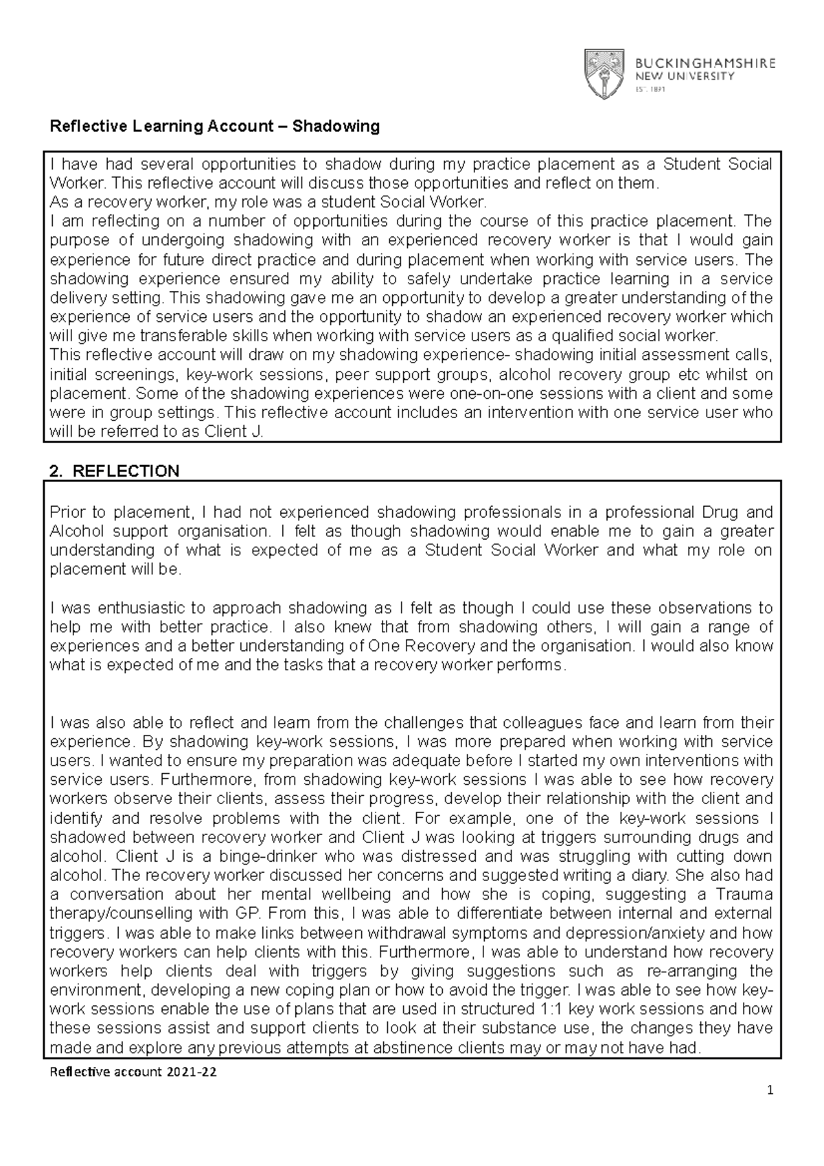 Reflective Learning Account on Shadowing - Social Work Practice ...