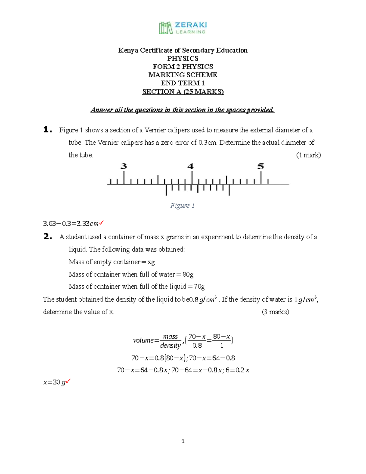 Physics Form 2 End Term 1 Marking Scheme 2025 - Studocu