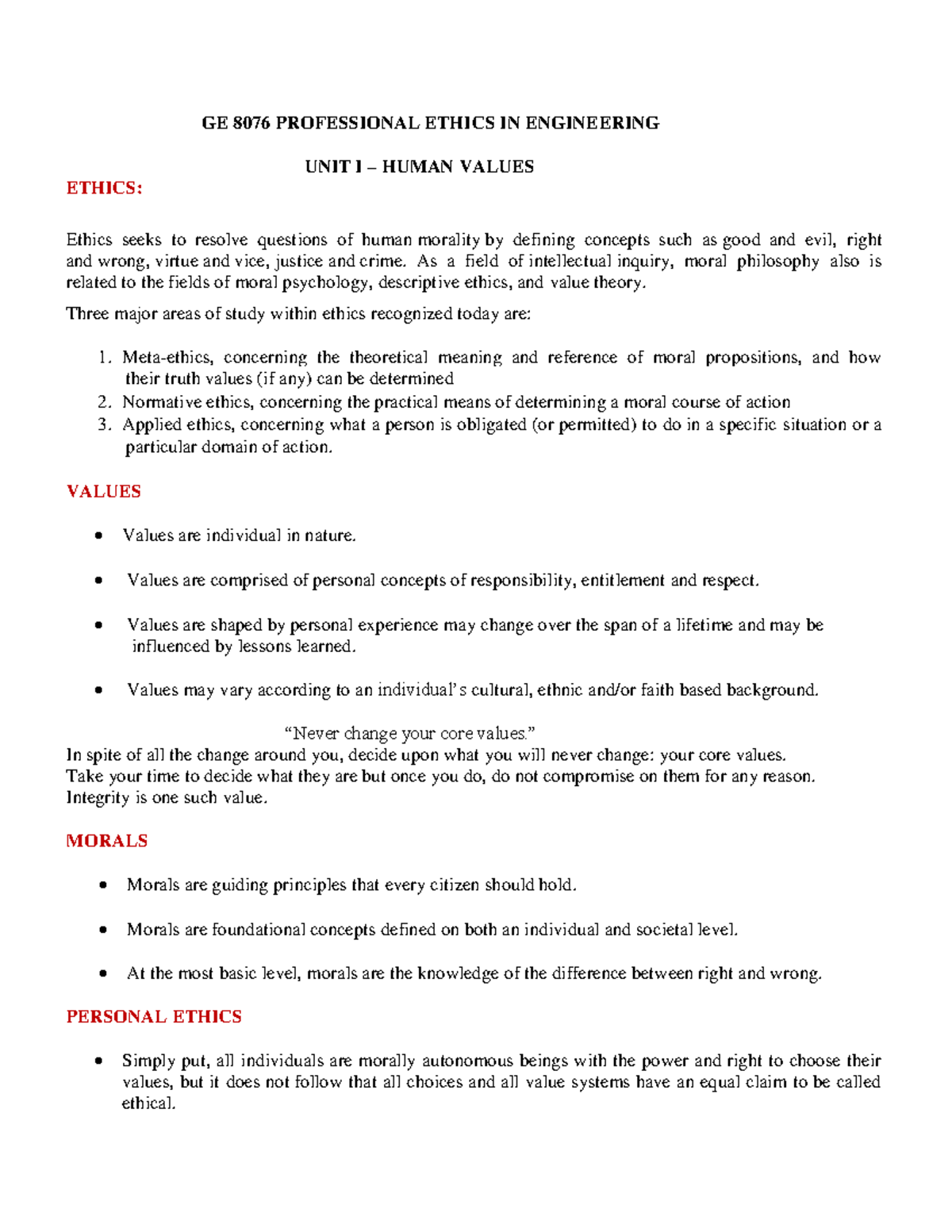 GE 8076 PROFESSIONAL ETHICS IN ENGINEERING: UNIT I HUMAN VALUES - Studocu