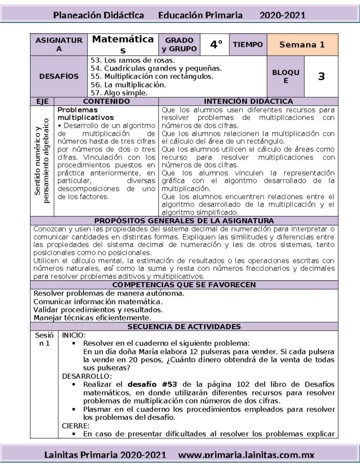 Planeación Didáctica Matemáticas 4to Grado - Semanas 1 a 3 - Studocu