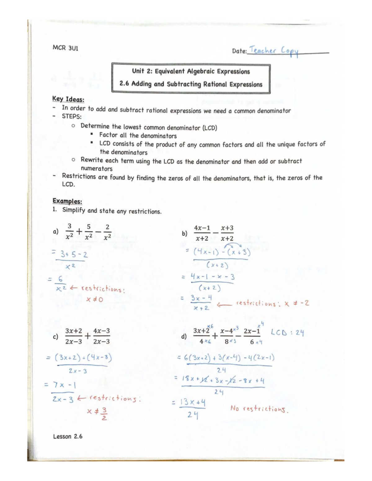 MCR 3U1 Lesson 2.6: Adding & Subtracting Rational Expressions Notes ...