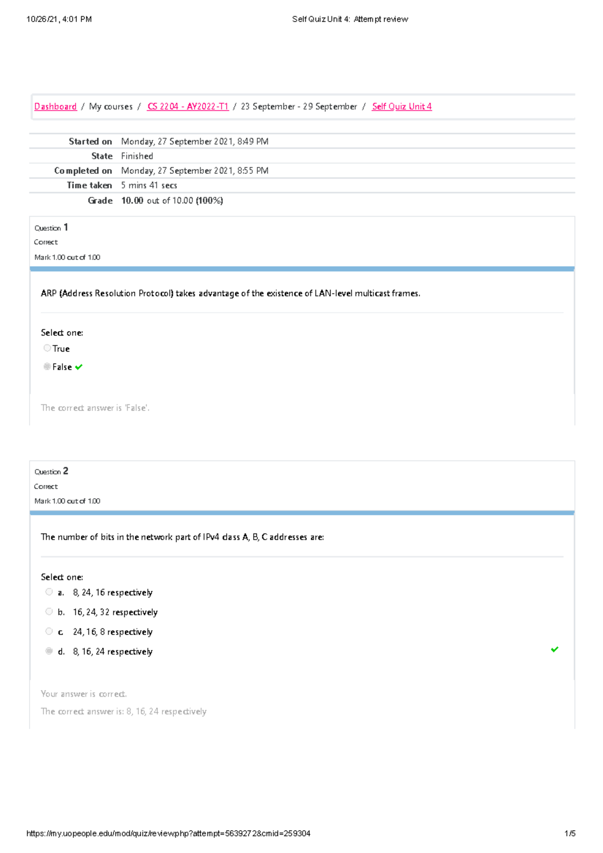 CS 2204 Self Quiz Unit 4 Attempt review 5 - Started on Monday, 27 ...