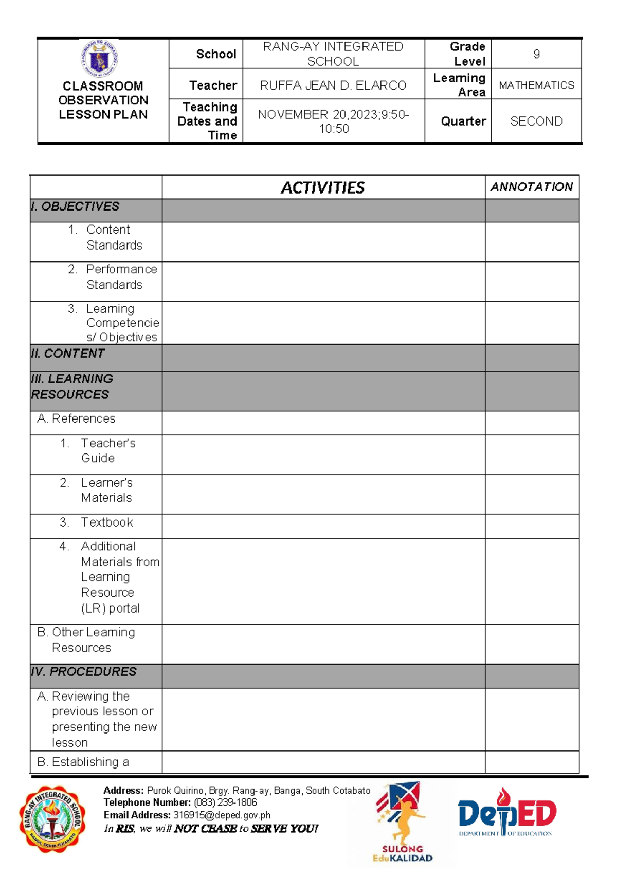 COT 9th Grade Math Lesson Plan - November 20, 2023 - Studocu