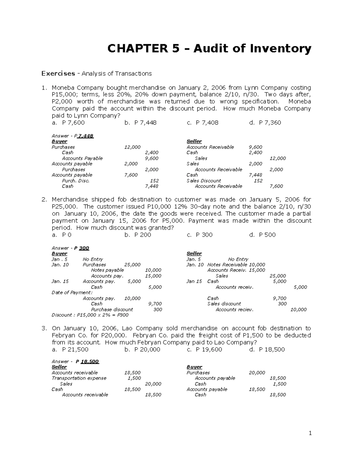 Audit OF Inventories - AUDIT OF INVENTORIES Easy For nos. 1- Problem 1 ...