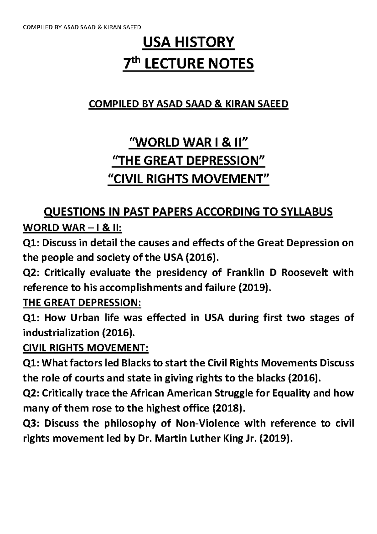 USA HISTORY 7th LECTURE NOTES: WORLD WAR I & CIVIL RIGHTS MOVEMENT ...