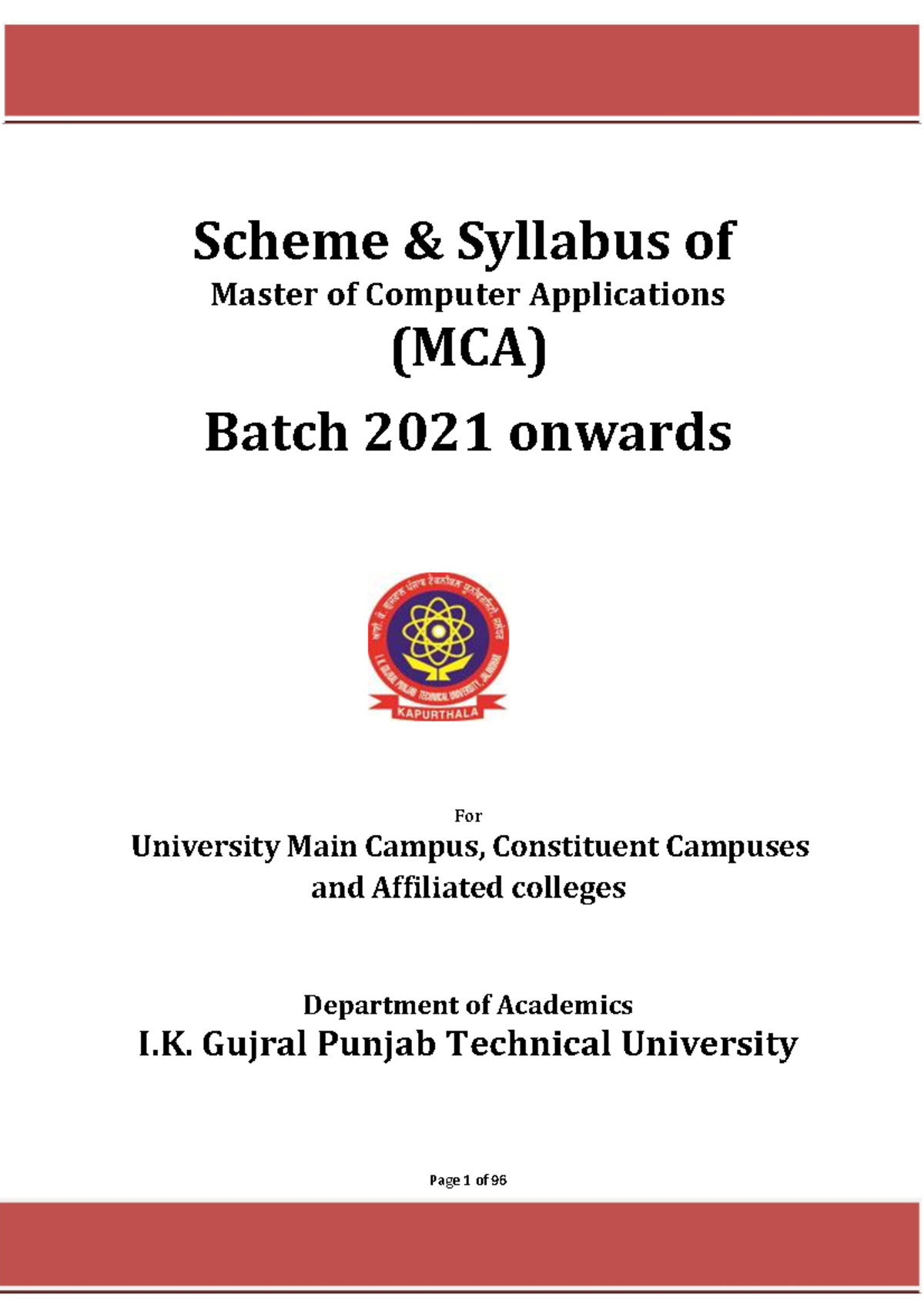 Syllabus MCA-2021 - Master of Computer Applications (MCA) Page 1 of 96 MCA (2 years programme ...