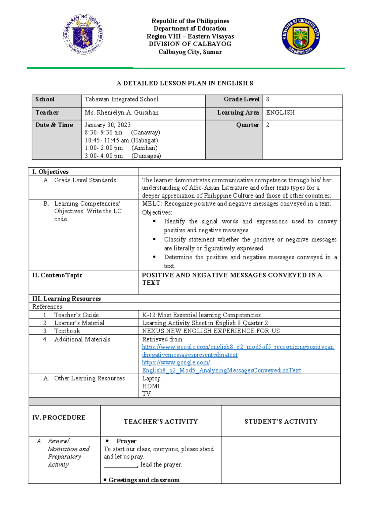 Detailed Lesson Plan: Positive & Negative Messages in English 8 - Studocu