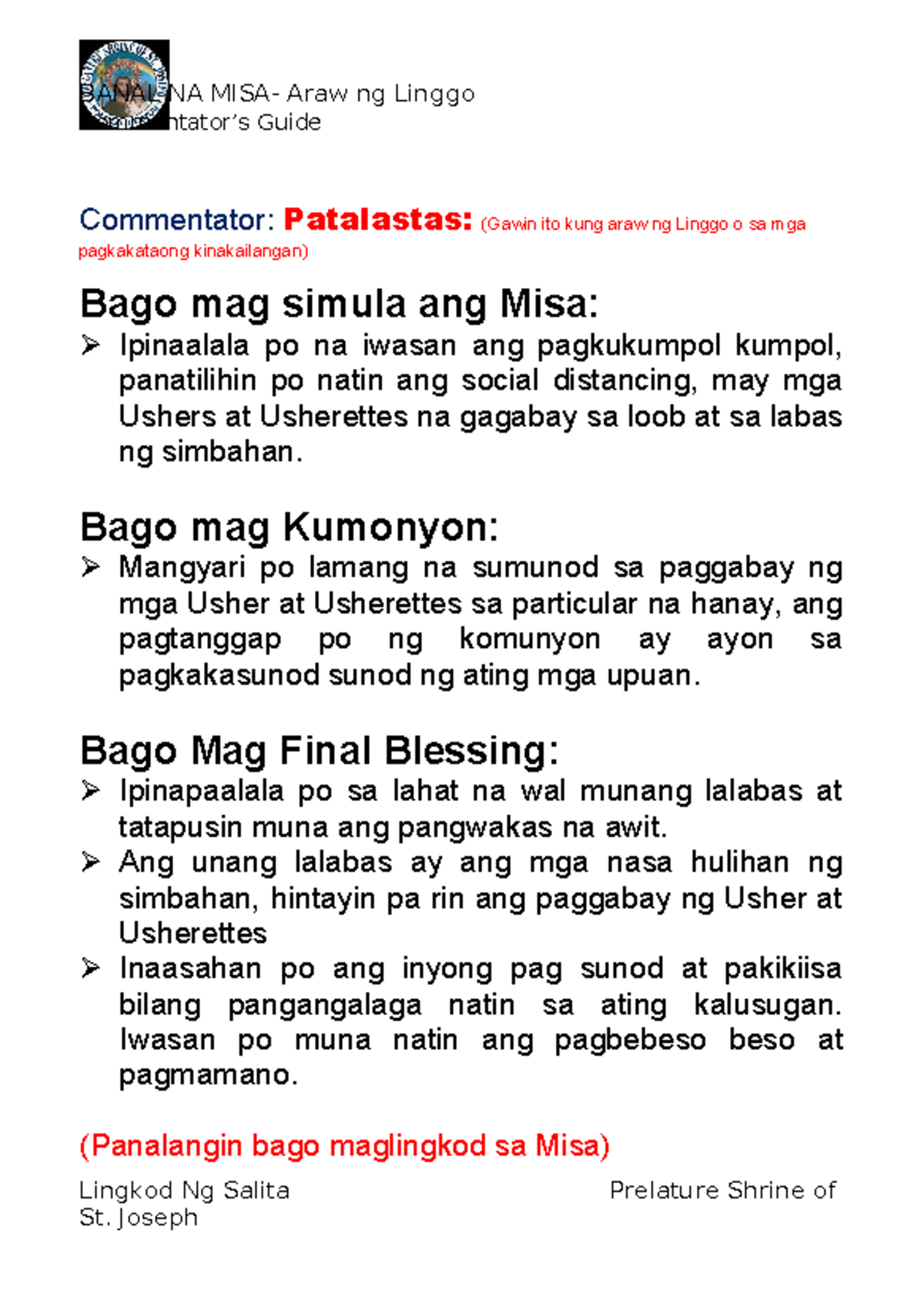 Commentator’s Guide for Sunday Mass: A5 Lingkod Ng Salita - Studocu