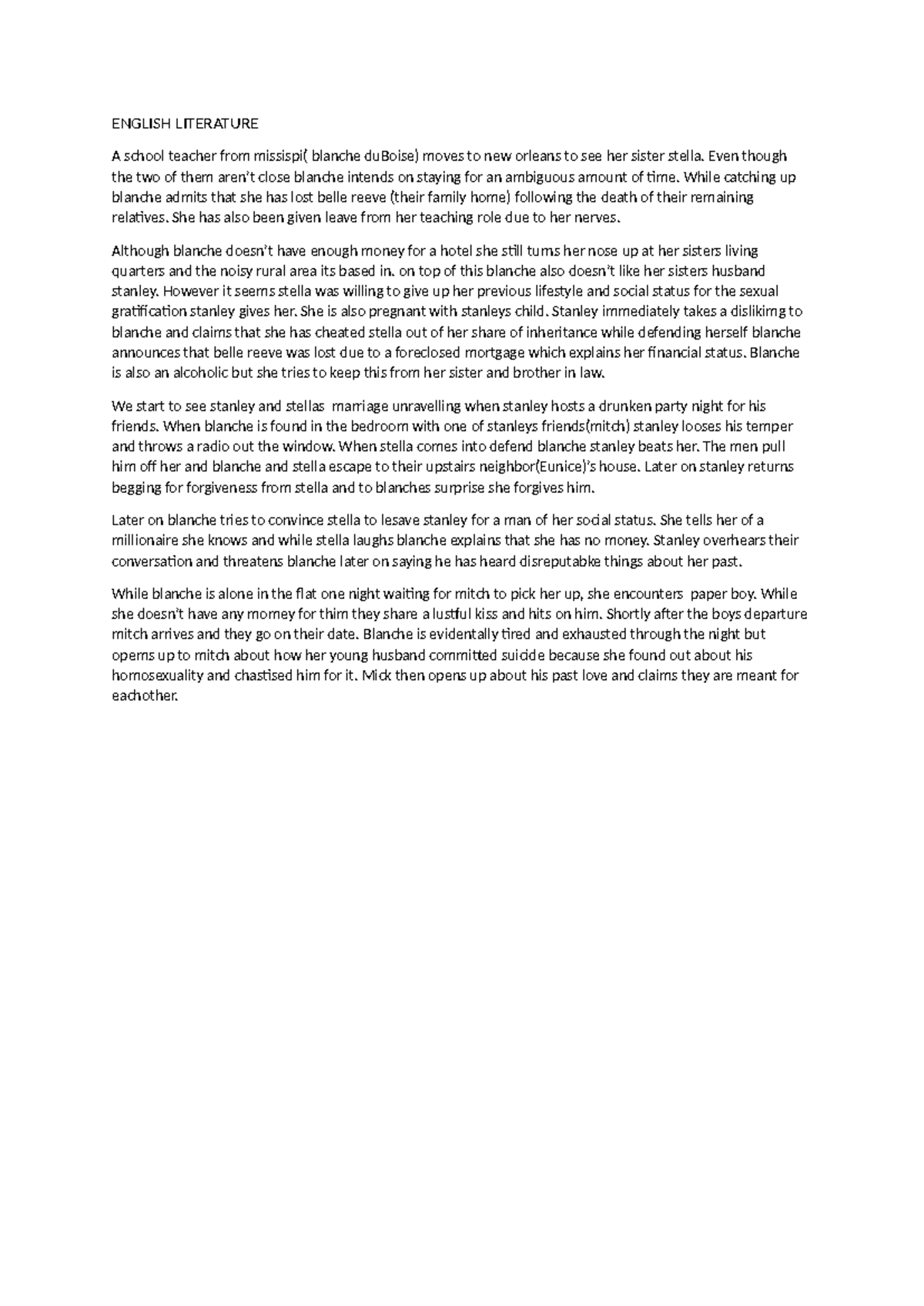 A Streetcar Named Desire Summary for ENGLISH LITERATURE Course - Studocu