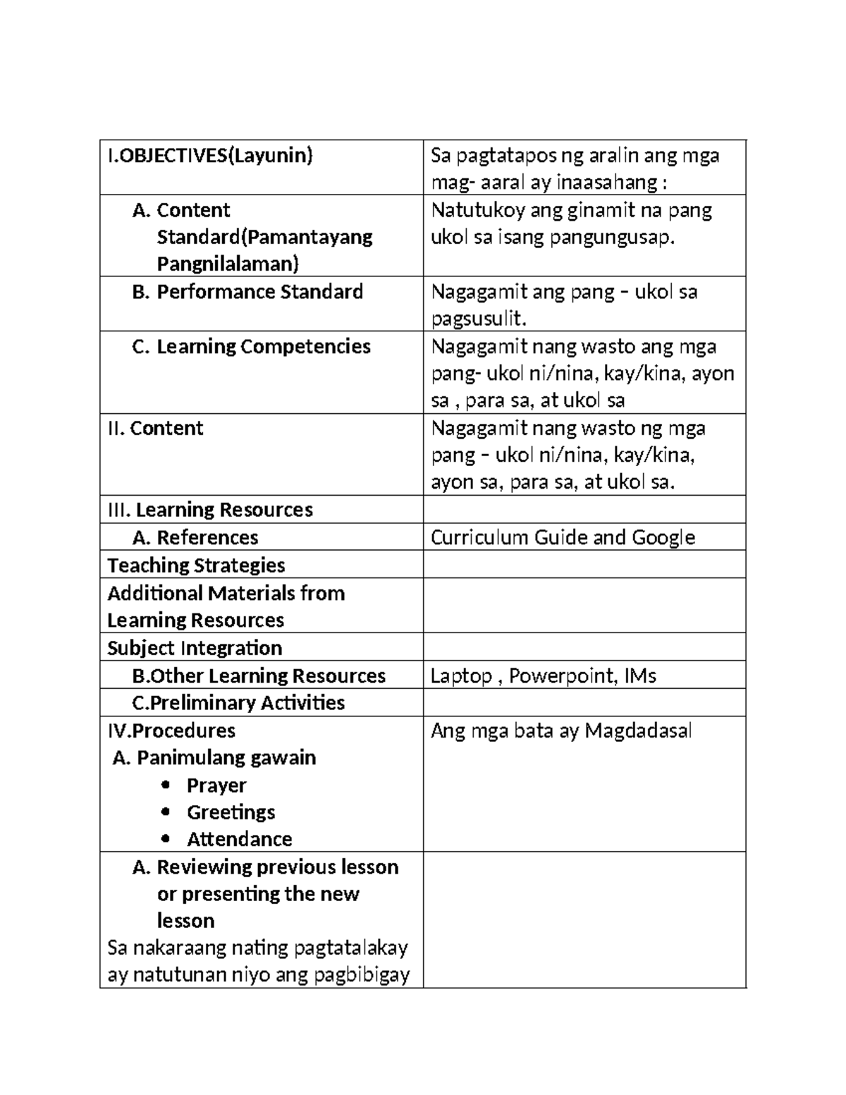Cot Lesson Plan - Lecture on Pang-ukol: Objectives and Activities - Studocu