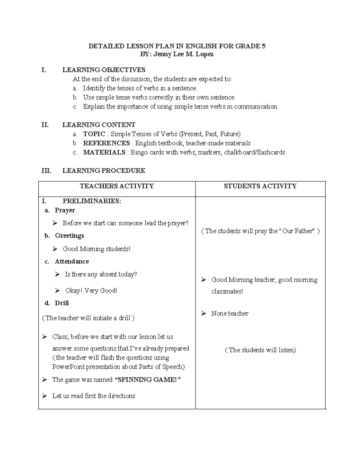 DETAILED LESSON PLAN IN ENGLISH FOR GRADE 5: SIMPLE TENSES - Studocu