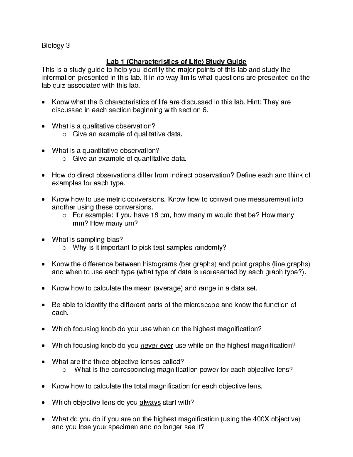 Biology 3 Lab 1 Study Guide: Characteristics of Life Essentials - Studocu