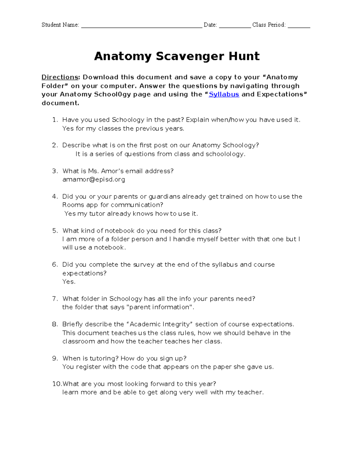 Anatomy 101: Intro Scavenger Hunt & Schoology Guide - Studocu